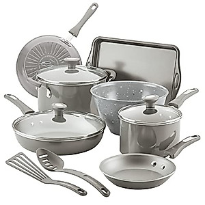 Rachael Ray Get Cooking! Nonstick Cookware Pots and Pans Set, Includes Baking Pan and Cooking Tools, 12 Piece - Gray
