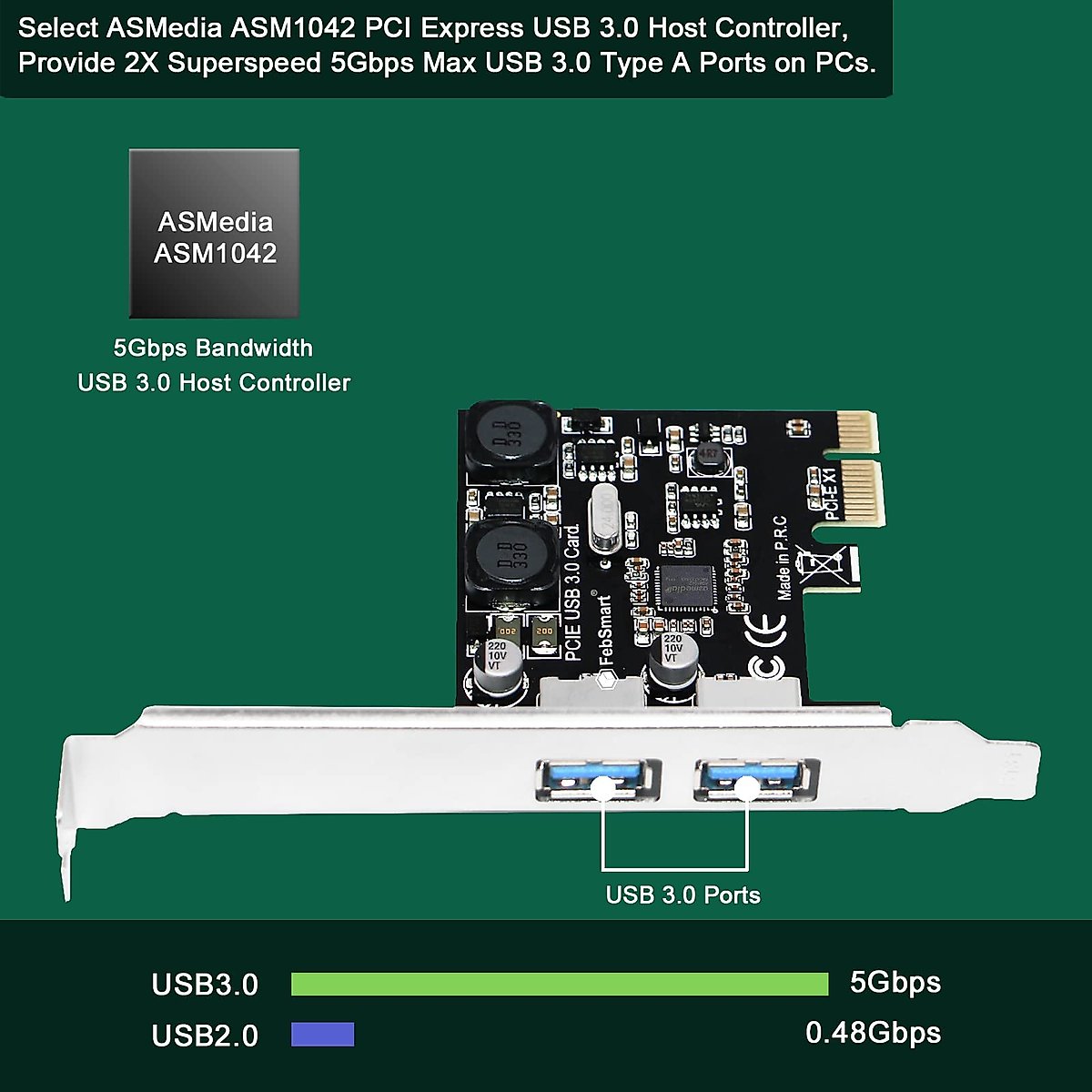 FebSmart 2-Ports Superspeed 5Gbps USB 3.0 PCI Express Expansion Card for Windows, MAC OS X and Linux Desktop PCs, Built in Self-Powered Technology, No Need Additional Power Supply (FS-U2S-Pro)