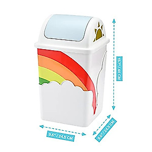 Rainbow Trash Can (1-Pack) - Cute Waste Basket for Kids Room - 9.6”x9.6”x15.7” Indoor Swing Top Trash Can with Lid - Garbage Can for School & Daycare - Swivel Touchless Garbage Cans - For Baby Nursery and Rainbow Themed Room Rainbow Baby Shower