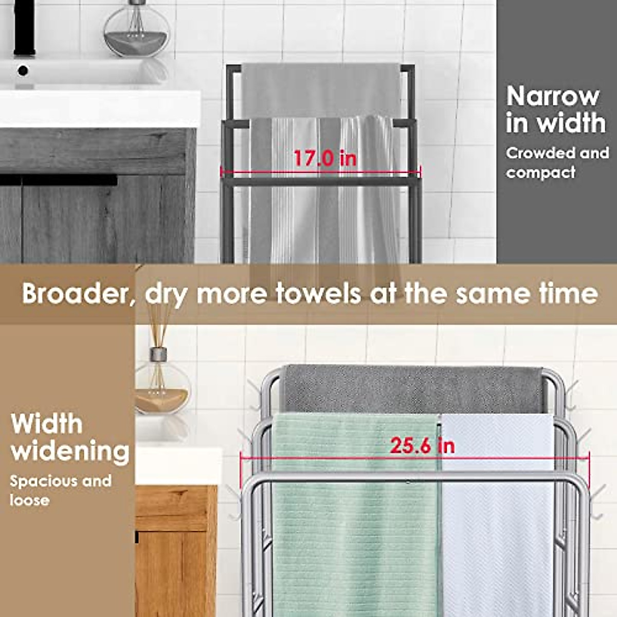40" H Standing Towel Rack with 2 Storage Baskets & 6 Hooks, 3 Tier Silver Metal Towel Holder for Extra Large Towel, Modern Industrial Blanket Ladder Display and Drying Rack for Bedroom Bathroom