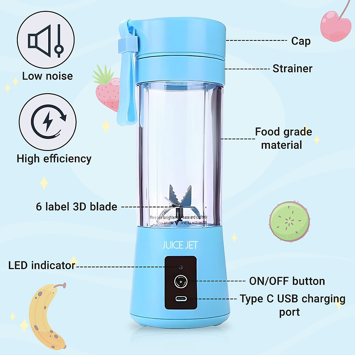 Juice Jet, Portable Blender, Mixer, USB Rechargeble, Personal Blender, Handheld Blender, Travel, Gym, Home, Outdoor, Office (Blue)