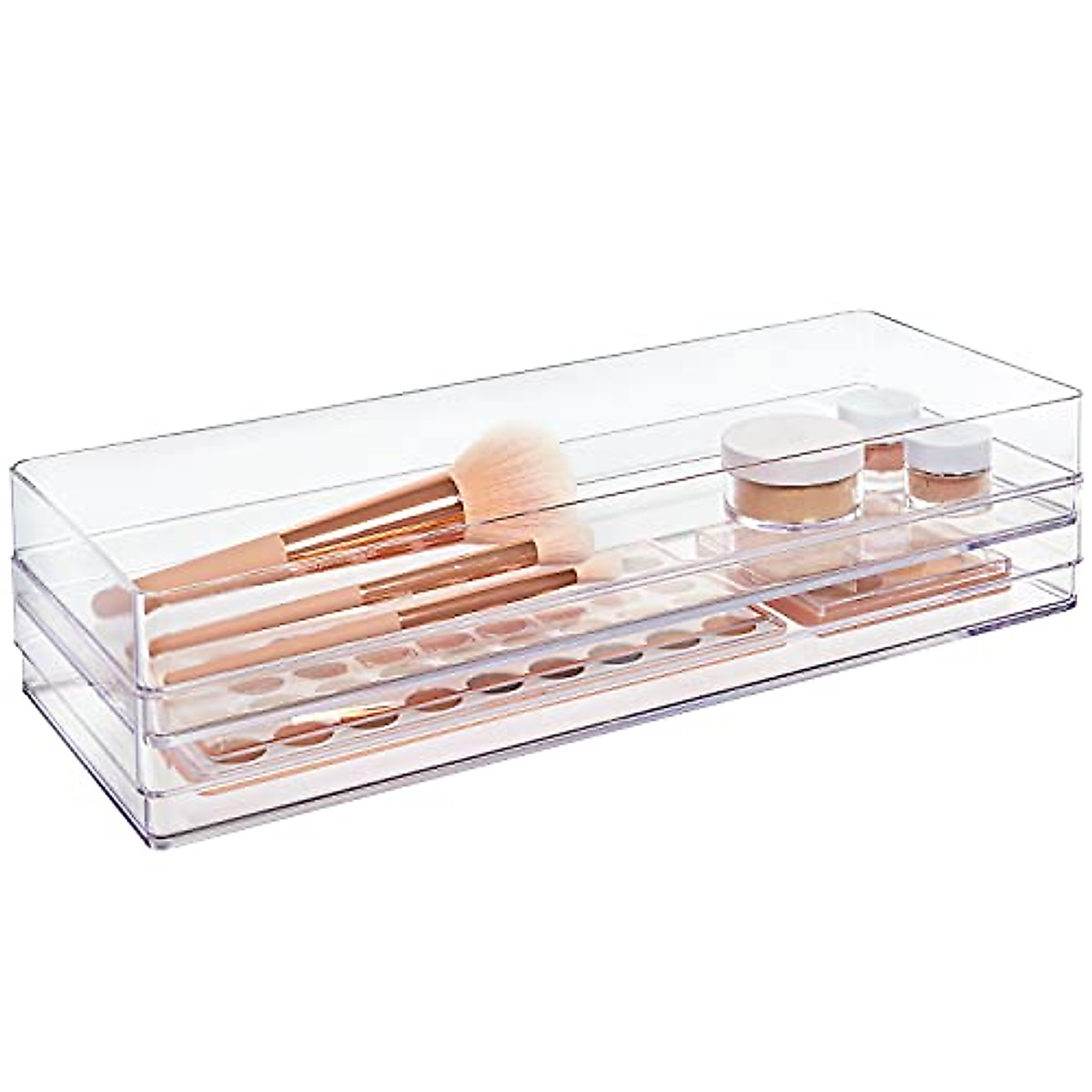STORi SimpleSort 2-Piece Stackable Clear Drawer Organizer Set | 15" x 6" x 2" Rectangle Trays | Wide Makeup Vanity Storage Bins and Office Desk Drawer Dividers | Made in USA