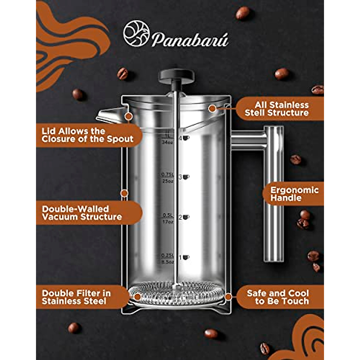 Panabaru French Press Coffee Maker 34oz Double-Wall Insulated Stainless Steel replacement filter included Tea Espresso and cold brew