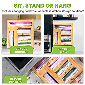 Ziplock Bag Storage Organizer w/ 5 Compartments – Water Resistant Bamboo Ziplock Bag Organizer for Drawer – Gallon, Snack, Quart, Sandwich, Slider Quart Snack Organizer - Kitchen Accessories Organizer