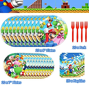 123Pcs Super Bros Themed Party Decorations, Birthday Party Supplies Decorations Set-Plates Napkins Tablecloth Banners Fork etc for 20 Guests Kids Birthday (Set A)