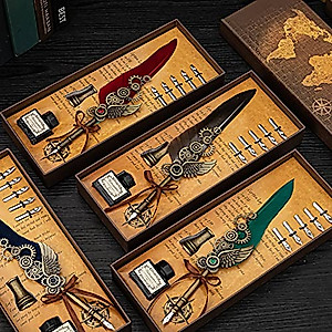 NC Calligraphy Dip Pen Set Retro European Style Ink Pen Metal Industrial Wind Carved Gift, 5 Replacement Nibs, Ink, Pen Socket, Packaging Box