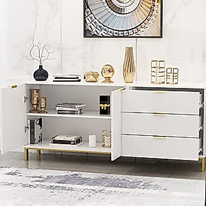 ECACAD Sideboard Buffet Storage Cabinet with Doors & Drawers, Kitchen Cupboard Cabinet with Storage Compartments & Gold Metal Legs, White (62.9”W x 15.7”D x 27.5”H)