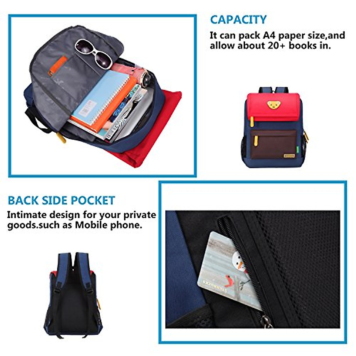 Willikiva Cute Bear Kids School Backpack for Children Elementary School Bags Girls Boys Bookbags (Red/Coffee/Royalblue, Medium)