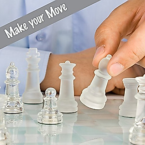 Gamie Glass Chess Set, Elegant Design - Durable Build - Fully Functional - 32 Frosted and Clear Pieces - Felted Bottoms - Easy to Carry - Reassuringly Stable (10 Inch)