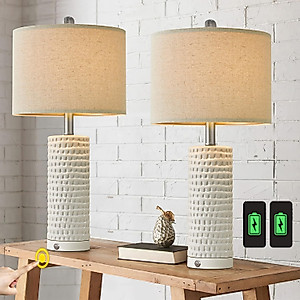 PORTRES 24" Farmhouse 3-Way Dimmable Touch Ceramic Table Lamp Set of 2 for Bedroom White Bedside Lamps with USB A+C Charging Ports for Living Room Nightstand Lamp End Table Lamps