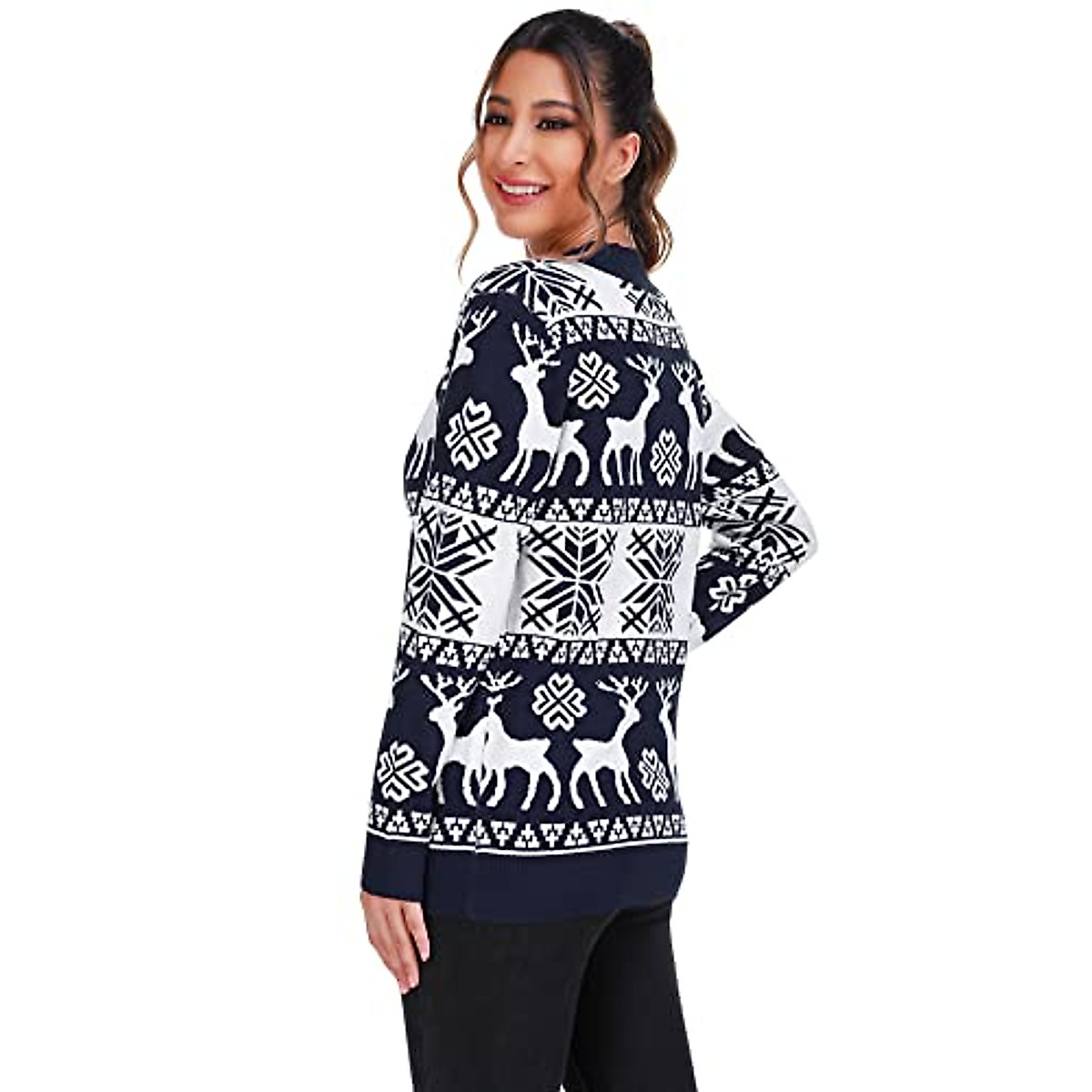 Cowasto Women's Reindeer Knitted Christmas Cardigan Sweater Comfy Button Up Casual Open Front Festive Sweaters Navy Blue X-Large