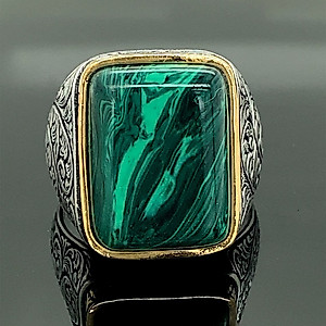 Malachite Gemstone Ring, Men Handmade Ring, Turkısh Handmade Ring, Embroidered Ring, Ottoman Jewelry