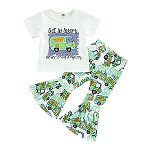 Kids Baby Girls St. Patricks Day Outfits Car Letter Print Short Sleeve T-Shirt Tops and Bell Bottom Pants Toddler Summer Sets (White, 9-12 Months)