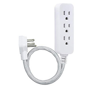 GE 3-Outlet Power Strip Extension Cord with Multiple Outlets 6 Inch Braided Short Cord Extension Cord Grounded Flat Plug Extension Cord UL Listed White 45190
