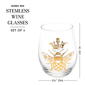 MACKENZIE-CHILDS Queen Bee Stemless Wine Glasses, Bee Drinking Glasses, Decorative Wine Glasses, Set of 4