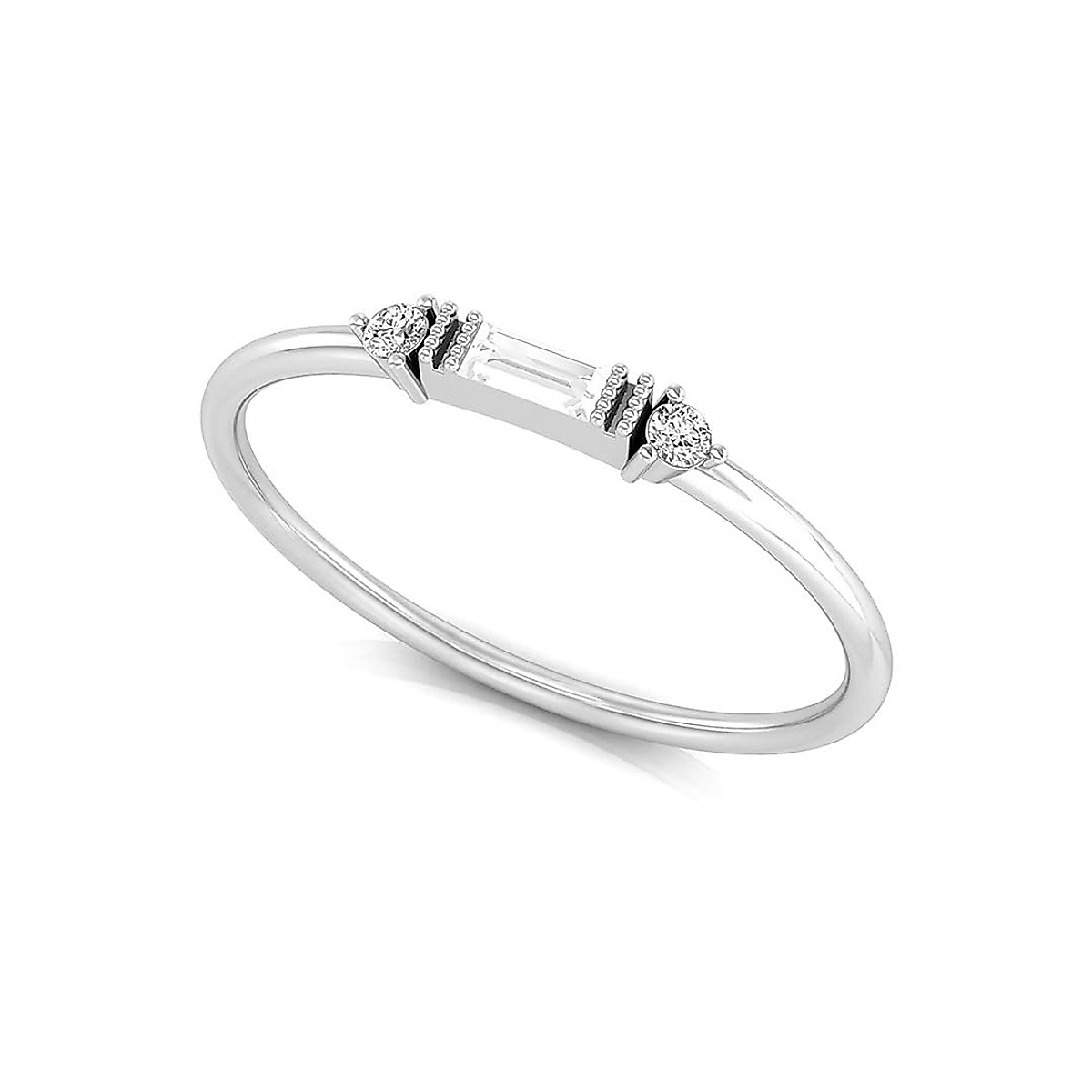 0.10CT Baguette & Round Brilliant Cut Lab Grown Diamond Three Stone Minimalist Ring In 10K White Gold (E-F, VVS-VS) 6.5US