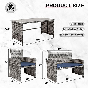 Poteban Wide Armrest Outdoor Patio Furniture Set,4 Pieces Rattan Sectional Sofa with Tempered Glass Coffee Table and Cushions for Family Gatherings,Balcony Pool, Garden(Grey/Navy Blue)
