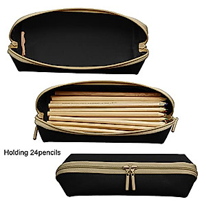 Enyuwlcm Canvas Stationery Stylish Small Pencil Pouch and Slim Pencil Case with 2 Zippers 1 Pack Black