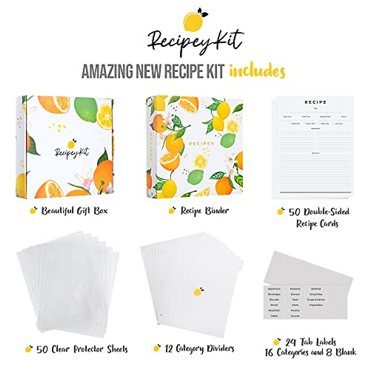 RECIPEYKIT Recipe Binder 8.5x11 3 Ring - Amazing New Design - Cards, Plastic Sleeves, Dividers, Labels - Recipe Binder Kit Organizer (Citrus Bloom)
