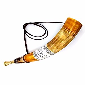 Viking War Horn Genuine Ox-Horn Battle Trumpet - Premium Hand Engraved Horn Viking Norse Cattle Ancient Horn Bugle Hunting Tool BATTLE HORN BLOWING HORN VIKING BUGLE HORN & Brass With Wooden Stand 16"