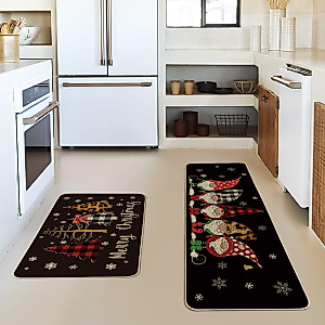 Artoid Mode Buffalo Plaid Tree Gnomes Black Christmas Kitchen Rugs Set of 2, Winter Low-Profile Floor Mat Merry Home Decora for Floor - 17x29 and 17x47 Inch