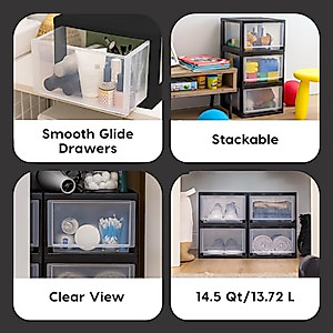IRIS USA 14.5 Qt. Plastic Drawer Storage Organizer Stacking Drawers, 3-Pack, Stackable Unit with Sliding Drawer for Clothes Bedroom Kitchen Under Sink Pantry Craft Room Bathroom Dorm Office, Black