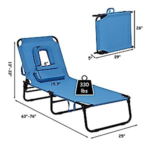 GYMAX Beach Lounge Chair, Sunbathing Chair Patio Lounge Chair Folding Adjustable Recliner with Hole for Face