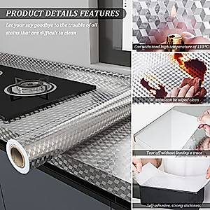 Self-Adhesive Silver Foil Wallpaper for Kitchen, Aluminum Foil Stickers Oil Proof Waterproof, Heat Resistant Wall Sticker for Cabinet Countertops Drawer Liner (15.7 x 196.8 Inch)(0.4 x 5m)