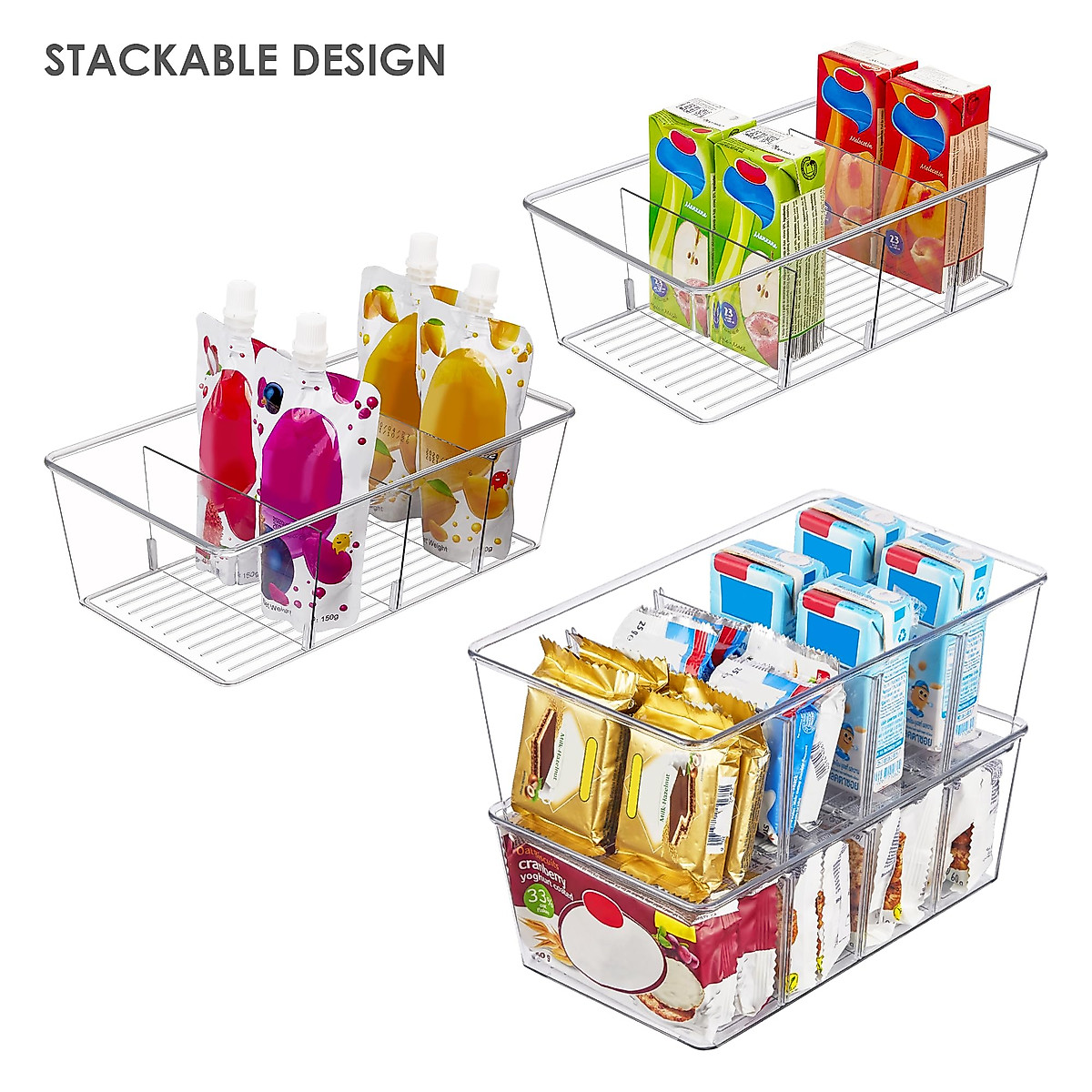 Vtopmart 6 Pack Food Storage Organizer Bins, Clear Plastic Bins for Pantry, Kitchen, Fridge, Cabinet Organization and Storage, 4 Compartment Holder Packets, Snacks, Pouches, Spice Packets