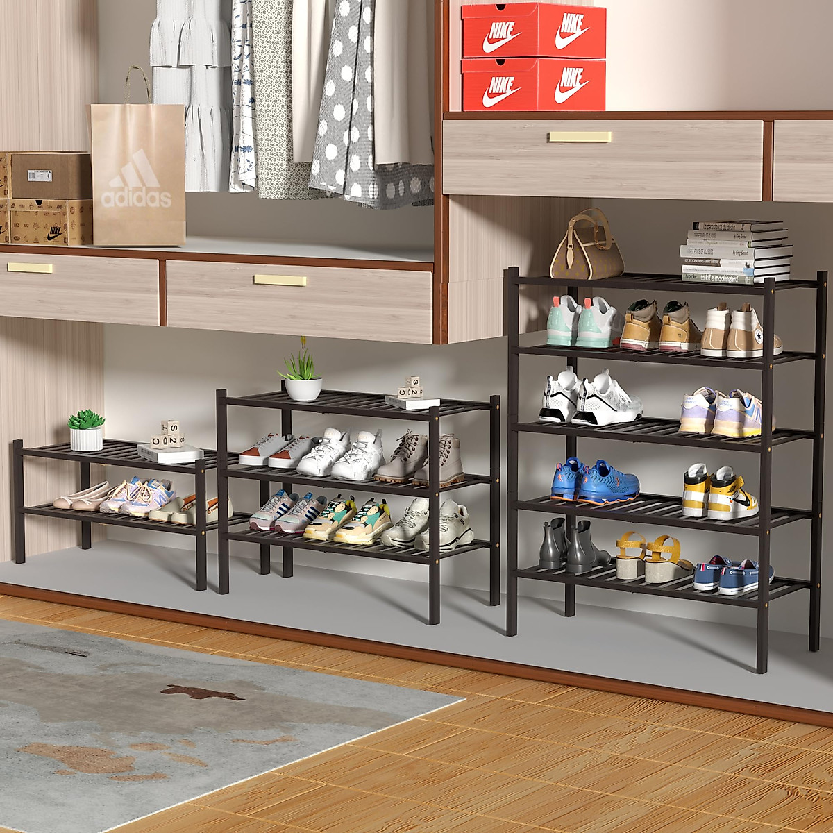 ROMGUAR CRAFT 4 Tier Bamboo Shoe Rack for Closet Free Standing Wood Shoe Shelf for Entryway Small Space Stackable 27"x11"x26" (Brown)