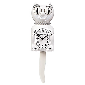 Kit-Cat Klock Limited Edition White Lady with Pearl Necklace & Eyelashes - Cat Clock with Moving Eyes and Tail Wall Clock, Made in USA