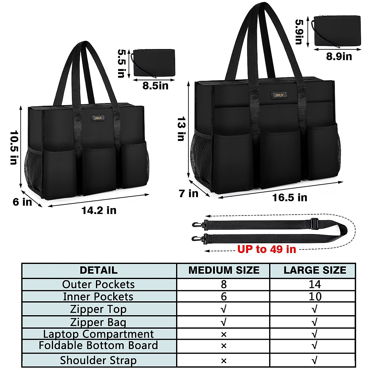 IBFUN Utility Tote Bag with 14 Exterior Interior Pockets Zip Top Teacher Tote Bag for Teacher/Student/Work Women(Medium)