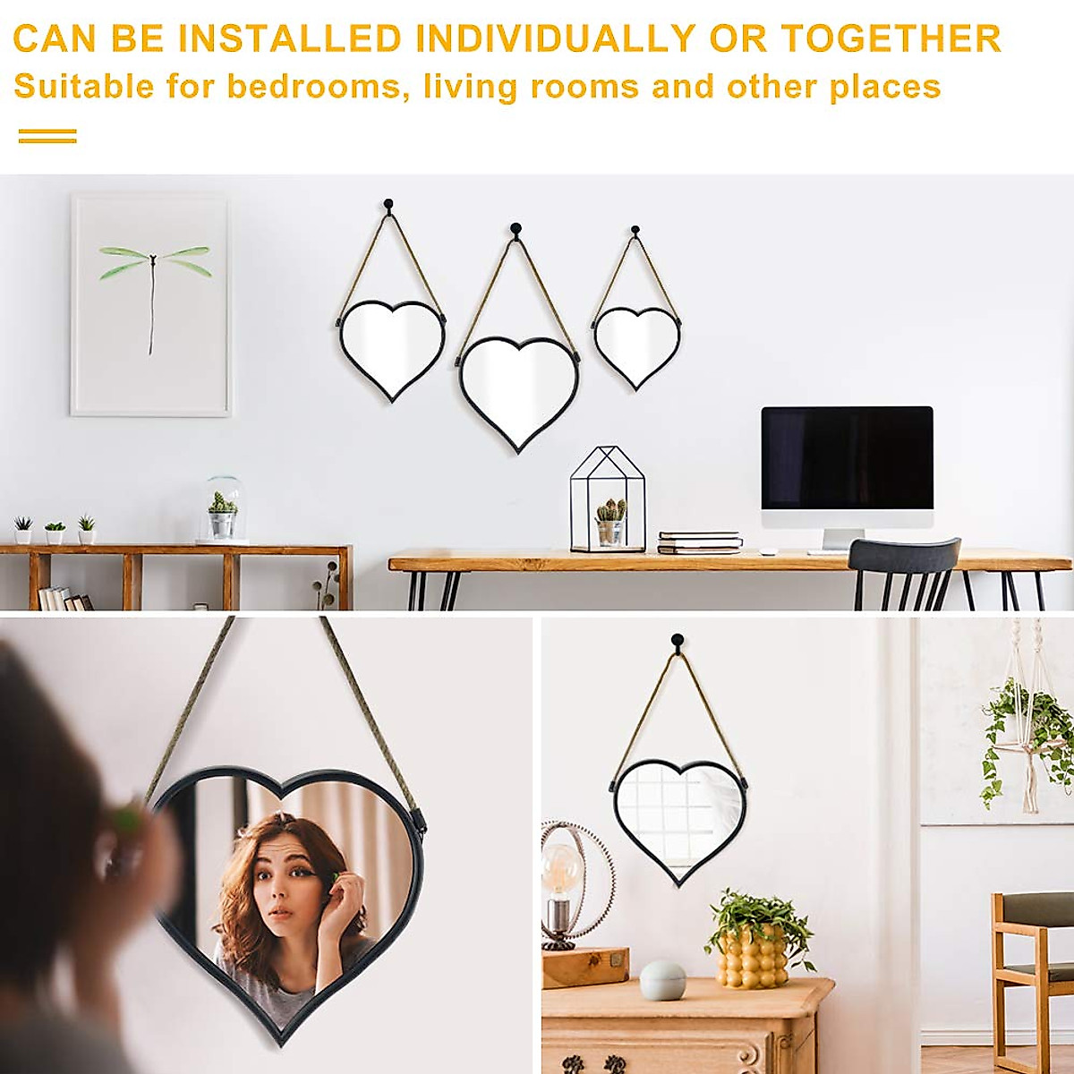 Urban Deco 3 Pieces Heart Shaped Mirror for Wall, Hanging Black Glass Mirror Sets Decoration for Bedroom Living Room Bathroom