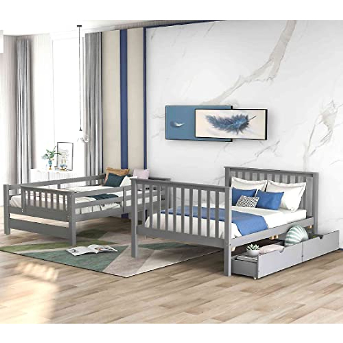 ATY Full Over Full Bunk Bed with Stairs and 6 Storage Drawers, Wood Stairway Bedframe w/ 3 Shelves, Can be Divided into Two Beds, No Box Spring Needed, Gray