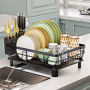 AIDERLY Dish Drying Rack with Drainboard Dish Drainers for Kitchen Counter Sink Adjustable Spout Dish Strainers with Utensil Holder and Knife Slots, Black