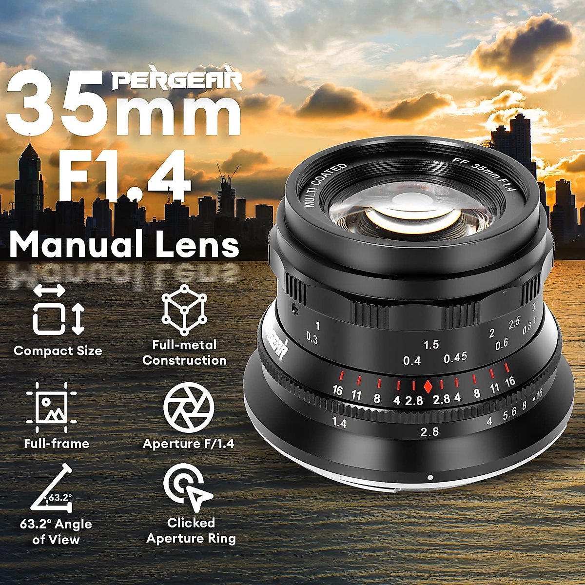 PERGEAR 35mm F1.4 Full-Frame Manual Focus Lens, Compatible with Sony E-Mount Cameras A7 A7II A7III A7R A7RII A7RIII A7RIV A7S A7SII A7SIII A9 A7C A6400 A6000 A6600 A6100 A6500 A6300 (Black)