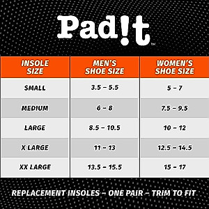 Pad!t Performance Insoles, EVA Foam Replacement for Sneakers, Boots, Flats, Cleats, and More, Shock Absorption and Balance Improvement, Washable - One Pair, Trim to Fit, X-Large