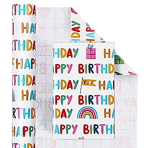 WRAPAHOLIC Birthday Wrapping Paper Roll - Happy Birthday Lettering and Gift Box Design for Birthday, Holiday, Party, Baby Shower - 30 Inch x 33 Feet