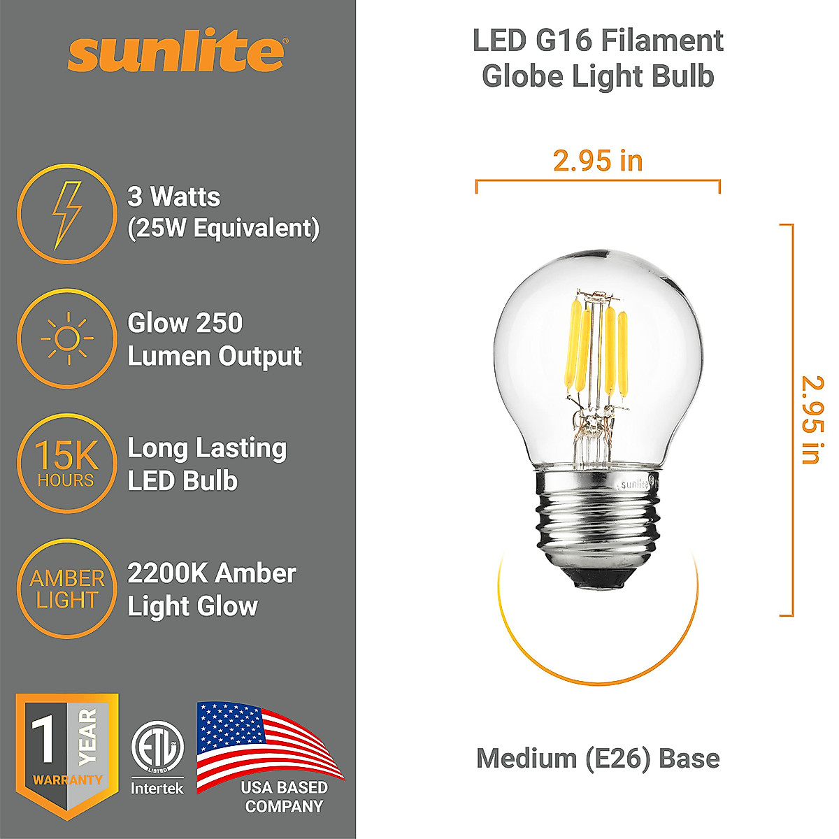 Sunlite LED G16 Filament Globe Light Bulb, 3 Watts (25W Equivalent), 250 Lumens, Dimmable, Medium E26 Base, Short Bulbs for Bedroom, Kitchen, 2700K Soft White, 6 Count
