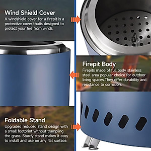 AVKENOEDY Tabletop Fire Pit with Stand, 9.8" H x 8.6" D Smokeless Portable Mini Fire pit for Indoor & Outdoor, Fueled by Pellets/Wood, Safe Burning, Stainless Steel, with Travel Bag, 3.2lbs, Navy Blue