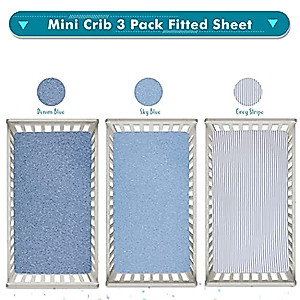 Dreamology 100% Cotton Jersey Knitted Mini Crib Sheets for Boys and Toddler, Soft and Breathable, Crib Sheets Girl Snug Fit, Machine Washable(P3,Denim Blue, Sky Blue/Gray Stripe, 38"x24"x6")