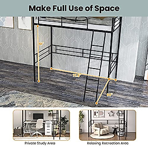 Giantex Metal Loft Bed Twin Size for Juniors & Adults, Loft Bed Frame with Ladder & Safety Guardrail, 61" Under-Bed Space, Space-Saving Twin Bed for Teens, No Box Spring Needed (Black)