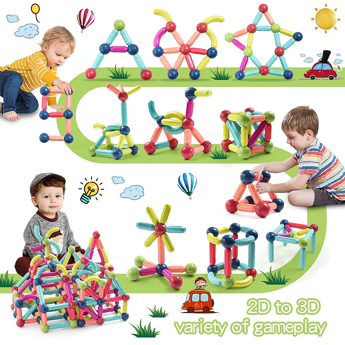 JIEJOYS Magnetic Balls and Rods Set, 100PCS Magnetic Building Sticks Blocks Toys, Educational Stacking STEM Magnet Toys Gift for Kids and Toddler Age 3 and Up.