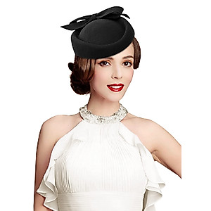 Z&X Wool Felt Fascinator Winter Women Elegant Pillbox Hat Bowknot Kentucky Derby Church Hat Retro Fedoras (032 Black), One Size