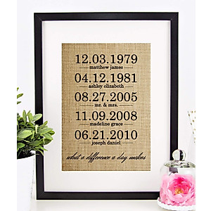 Personalized Gifts for Women, Wedding, Anniversary, Engagement, or Birthday Gift: What a Difference a Day Makes Burlap Print (UP TO 20 NAMES & DATES!)
