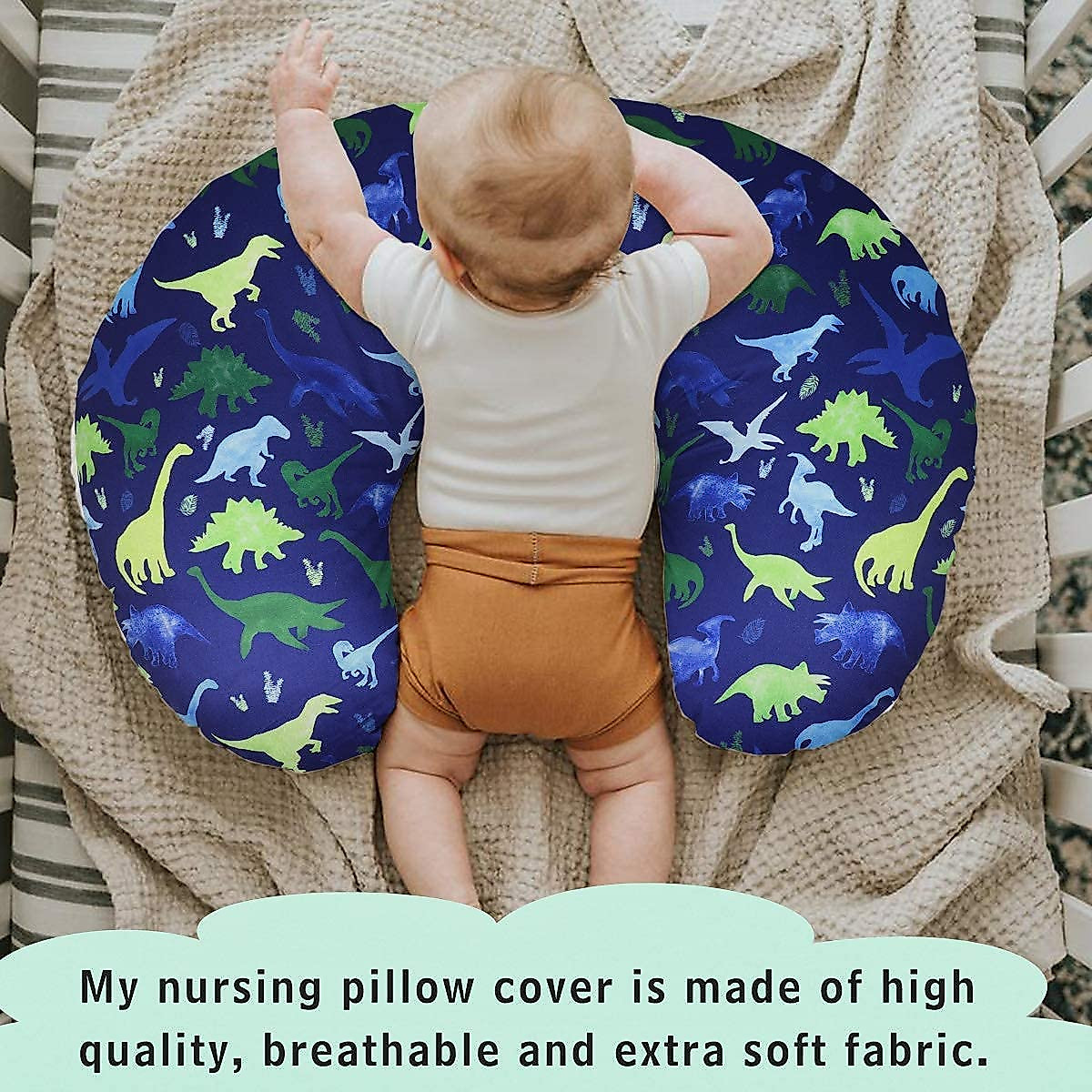 Dinosaur Nursing Pillow Cover & Carseat Cover Set, Breastfeeding Pillow Slipcover & Car Seat Canopies for Baby Boys & Girls, Nursing Pillow Case & Stroller Covers for Newborn, Soft Fabric Fits Snug On