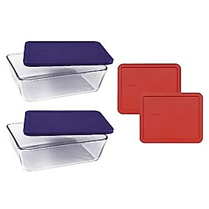 Pyrex Basics Clear Glass Food Storage Dishes, 2 (11-Cup) Oblong Dishes with Navy Blue and Red Plastic Lids Made in the USA