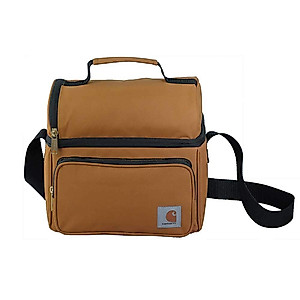 Carhartt Deluxe Dual Compartment Insulated Lunch Cooler Bag, Carhartt Brown & Fit & Fresh XL Cool Coolers Freezer Slim Ice Pack for Lunch Box, Set of 4, Xtra Large, Blue, 4 count (Pack of 1)