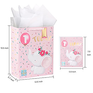 WRAPAHOLIC 16.5" Extra Large 1st Birthday Gift Bag with Card and Tissue Paper - Adorable Elephant Design for Baby Girl, Baby Shower, Party