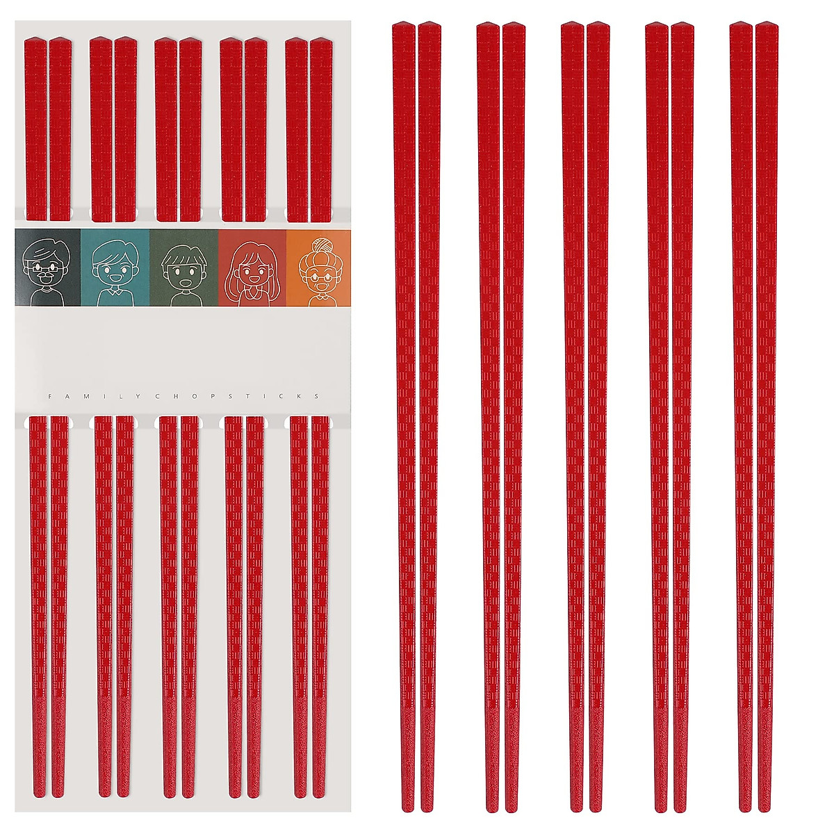 5 Pairs Fiberglass Red Chopsticks-Reusable Chopsticks Dishwasher Safe, 9.57 inch/24.3cm Matte Non-Slip Family/ Hotel/ Restaurant Chop Sticks, Chinese Japanese Gift Set Chop Sticks (福-Hot Red)